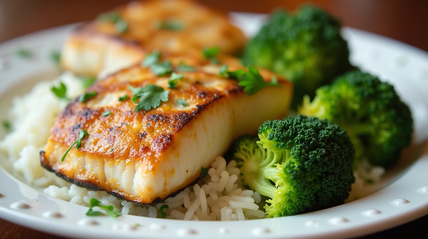 Delicious Cod Fish Dinner with Broccoli and Rice
